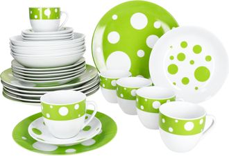 MamboCat Pula grün 30tlg Kombiservice I weißes Porzellan-Geschirrset mit Punkten für 6 Personen I Je 6X Tassen, Untertassen, Kuchenteller, Suppenteller & Speis