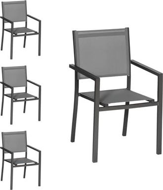 Happy Garden Lot de 4 chaises empilables en Aluminium Anthracite et textilène Gris