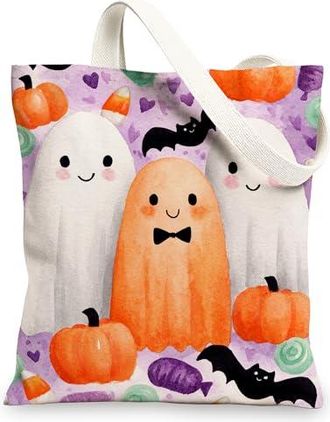 Generic Sacs fourre-tout en toile pour Halloween, motif fantôme mignon et citrouille, sacs dépicerie réutilisables, légers et lavables, sacs en toile pour sal