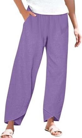 Generic Ydsxlp Pantalon Palazzo en coton et lin pour femme - Taille haute - &Eacute;lastique - Couleur unie - Coupe droite - Jambe large - Pantalon de d&eacute;tente l&eacute;ger 