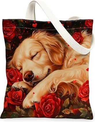 Generic Golden Retriever Sac fourre-tout en toile r&eacute;utilisable pour le shopping 33 x 38 cm, motif roses romantiques pour la Saint-Valentin, sac d&eacute;picerie r&eacute;ut