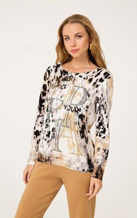 Passioni Strickpullover mit abstrahiertem Animal-Print und Schriftzug mit Strassstein-Details