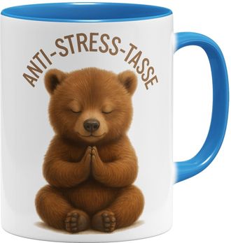 OM3 B&auml;rchen Anti-Stress Kaffee-Tasse - S&uuml;&szlig;e B&auml;r Keramiktasse mit Namaste Motiv - Keramik Becher - 325ml - Beidseitig Bedruckt - Hellblau