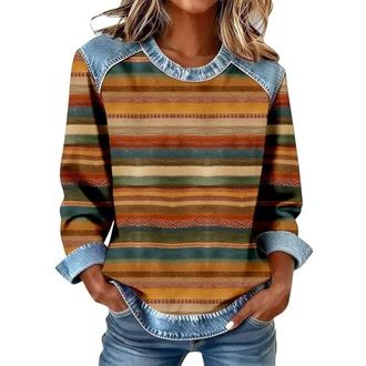 Generic Sweat-shirt en denim patchwork vintage pour femme - Coutures ray&eacute;es - Pull surdimensionn&eacute; &agrave; col rond - &Eacute;l&eacute;gant jean - Chemise tendance printemps Y2k -