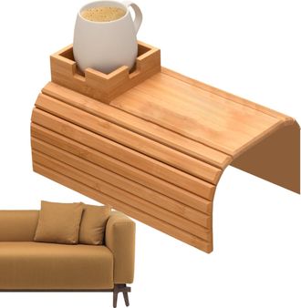 Generico Couchtisch mit Armlehne: Getr&auml;nkehalter mit Holzclip, Organizer-Tablett f&uuml;r Beistelltisch, rutschfeste Oberfl&auml;che f&uuml;r Untersetzer | Wohnzimmer Snack F