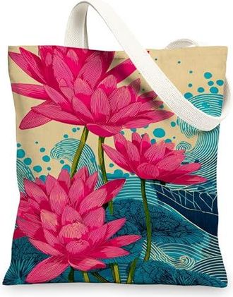 Generic Sacs fourre-tout en toile motif floral de nénuphar, sacs dépicerie réutilisables, légers et lavables avec bandoulière, pêche, 13x15 Inch