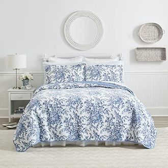 Laura Ashley Quilt Set Wendebettwäsche aus Baumwolle mit passendem Kissenbezug, leichte Wohnkultur für alle Jahreszeiten, Polyester, Bedford Delft Blue, Twin, 3
