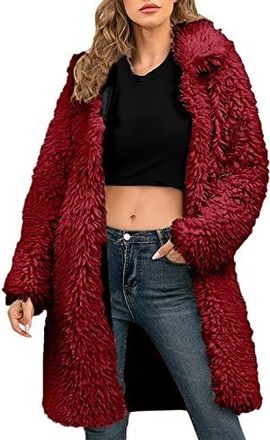 Generic Manteau long en peluche pour femme - Veste chaude et bouffante - Manches longues - Style d&eacute;contract&eacute; - Faux manteau chaud, Rouge, XL