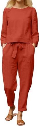 Generic Ensemble 2 pi&egrave;ces en lin pour femme - Haut &agrave; manches courtes et pantalon large - Ensemble 2 pi&egrave;ces en lin pour femme, Rouge, 3XL