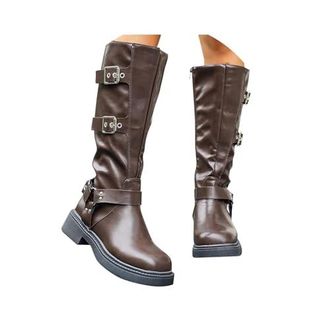 ORANDESIGNE Bottes Femme Cuir PU Botte Haute Style Motard Boots Fermeture &Eacute;clair Lat&eacute;rale et Boucles A Marrone Scuro 38 EU