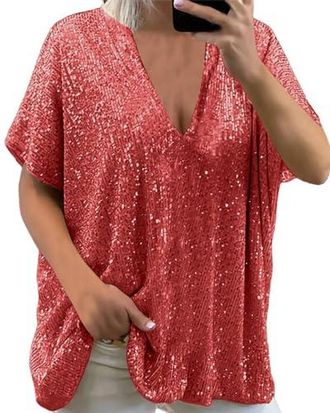 Onsoyours Femme Chemisier Chic Blouse Mode Brillant Manches Longues O Neck Slim Shirt Solide Casual Pull Tops A Rouge 44