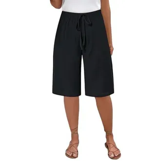 Generic Short en lin pour femme, coupe décontractée, jambe droite, mi-long, short dété décontracté, short de plage, de yoga, bermuda extensible avec cordon de