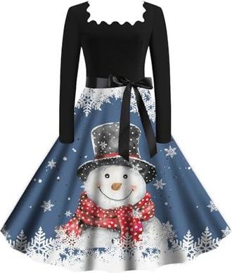 Generico Robe de cocktail élégante à manches longues et col carré avec col en V pour femme, bleu, XX-Large