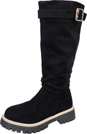 Generic Bottes mi-mollet en daim synthétique pour femme - Confortables - Décontractées - Légères - Avec boucle de ceinture - Chaussures dhiver, Noir, 40.5 EU