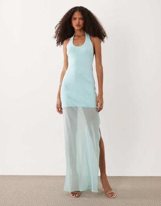 SNDYS Maxikleid mit Neckholder aus Chiffon und transparentem Saum in Aqua-Blau