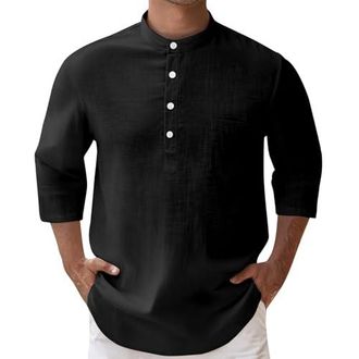 Generic Chemise pour homme &agrave; manches 3/4, col montant, boutonn&eacute;e, d&eacute;contract&eacute;e, avec poche avant, chemise respirante et l&eacute;g&egrave;re pour lext&eacute;rieur, la plage, prin