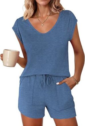 Ekouaer Pyjama Femme Ete Short à sans Manches Ensemble de Pyjama Coton Vêtements de Nuit Impression Bas de Pyjama Confortable Doux Respirant