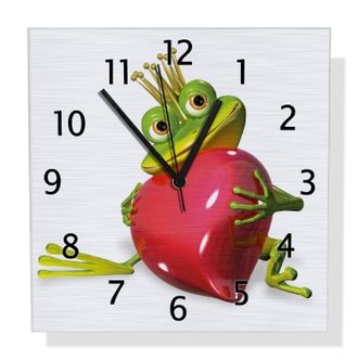 Wallario Design Wanduhr Verliebter Froschkönig mit großem Herz aus Aluverbund, Alu-Uhr Größe 30 x 30 cm, Schwarze Zeiger mit Metalloptik