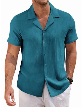 Coofandy Herren Kurzarm Hemd Kubanischer Sommerhemd Wellenstreifen Freizeithemd M&auml;nner Hawaiihemd Guayabera Shirts Kurzarmhemd Blau Gr&uuml;n XXL