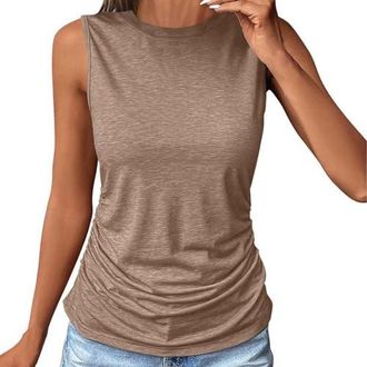 Generic Débardeur pour femme, couleur unie, sans manches, col rond, coupe ample, doux, haut dété tendance 2024, haut court décontracté, café, XL