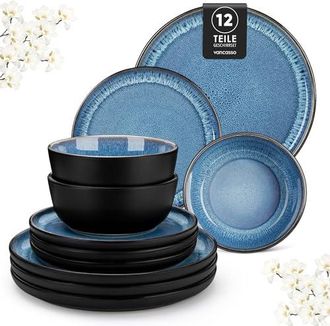 VANCASSO S&eacute;rie PLAYA Assiettes Service de Table 4 Personnes, Vaisselle en Gr&egrave;s 12 Pi&egrave;ces - 4 Assiettes Plates, 4 Assiettes &agrave; Dessert et 4 Bols - Adapt&eacute; au Micr