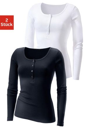 H.I.S Langarmshirt H.I.S mit kurzer Knopfleiste, Damen, Gr. 32/34, schwarz-wei&szlig; (schwarz, wei&szlig;), Feinripp, Obermaterial: 100% Baumwolle, unifarben, Basic, k