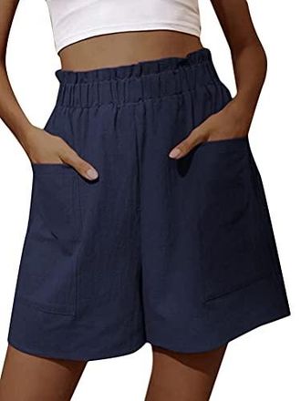 ORANDESIGNE Shorts Femmes Ete Grande Taille Hot Pantalon Court Casual Lin Coton Plage Shorts Taille Elastique avec Poches A Bleu foncé XXL