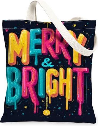 Generic Sacs fourre-tout en toile Merry Bright - Design color&eacute; - R&eacute;utilisables - L&eacute;gers et lavables - Bandouli&egrave;re en toile F, noir, 13x15 Inch