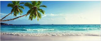 Wallario selbstklebendes Poster - Sandstrand auf den Seychellen - Urlaub unter Palmen, Aufkleber in Premiumqualität, Klebefolie Größe: 80 x 200 cm XXL-Poster