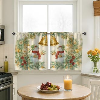 Generic K&uuml;chenvorh&auml;nge mit Schneemann-Motiv, Weihnachtsglocke, Kiefernholz, Weihnachtsmotiv, gr&uuml;nes Licht, K&uuml;chenvorh&auml;nge, Fensterdekoration f&uuml;r Esszimmer, Fr
