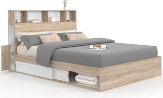 IDMarket Idmarket - Lit double avec rangements 140 x 190 cm - T&ecirc;te de lit tendance - 20 lattes pour soutien optimal - Effet bois et blanc