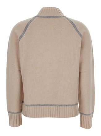 Max Mara Womens Beige Sweater With High Neck And Contrasting Details Wool Tops Top