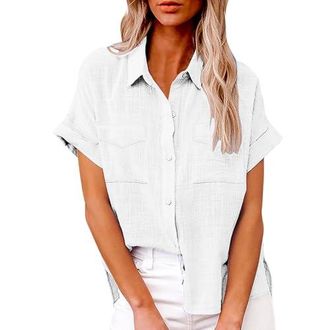 Generic Chemisiers en coton et lin pour femme 2026 boutonn&eacute;s enroulables &agrave; manches courtes T-shirt de plage d&eacute;contract&eacute; ample avec double poches, blanc, XXL