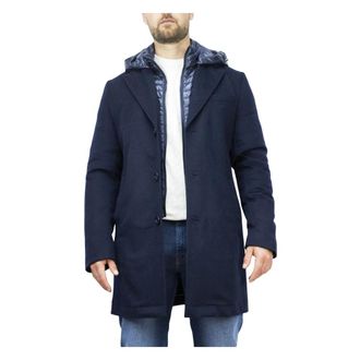 H&egrave;SKIMO Homme, Manteaux, Bleu, Taille: XL Cappotto imbottito in blend di lana cappuccio