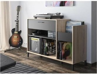 Gami Meuble rangement vinyle - GAMI - Platine - Style urbain - Décor chene - Noir - L 115 x P 40 x H 81 cm