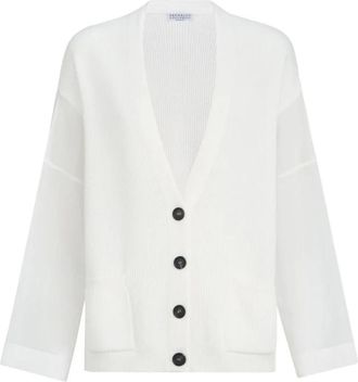 Brunello Cucinelli Femme, Pulls, Blanc, Taille: 40 FR Cardigan en maille c&ocirc;tel&eacute;e &agrave; manches transparentes