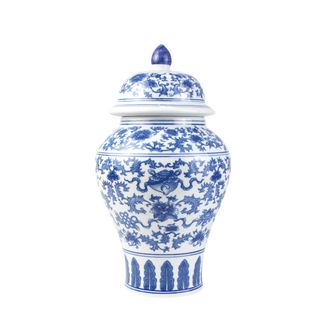 Oriëntique Chinesische Vase mit Deckel Porzellan Lotus Blau Weiß D22xH37cm China Dekorative Blumenvase Orientalische