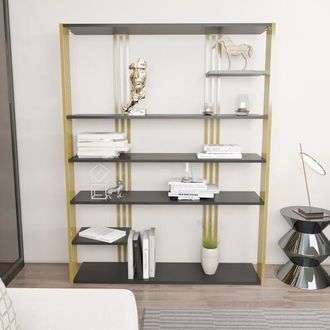 Hanah Home Stylish Anthracite & Gold Bookshelf, 120 cm x 160 cm x 29.6 cm | 100% Melamine Coated Particle Board, 18 mm Thick | Perfect for Modern Home Decor