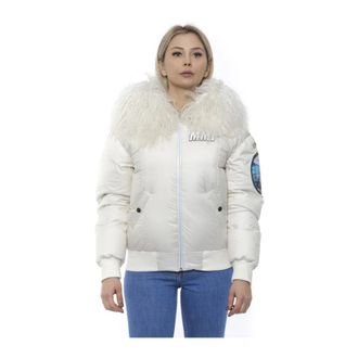 Mr & Mrs Italy Femme, Vestes, Blanc, Taille: 34 FR Bomber Brod&eacute; avec Capuche en Fourrure