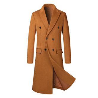 AlltheMen Herren Zweireihiger Warmer Mantel Langer Trenchcoat Winterjacke Wolle Slim Fit Business Braun XXL