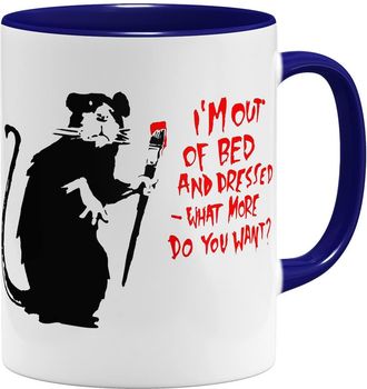OM3 Out Of Bed Rat Banksy Tasse - Keramik Becher - 11oz 325ml - Beidseitig Bedruckt - Dunkelblau