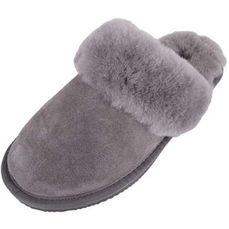SNUGRUGS Elsie Chaussons en peau de mouton avec revers ouvert pour femme, gris, 40 EU