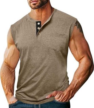 Generic T-shirts sans manches pour hommes, d&eacute;bardeur Henley avec boutonni&egrave;re, d&eacute;bardeur l&eacute;ger et doux avec col en V et poche, col montant d&eacute;contract&eacute;, t-shirt