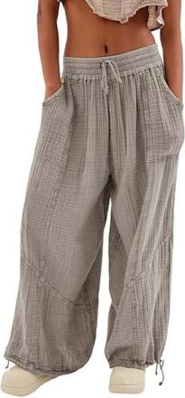 Generic Pantalon cargo baggy noir pour femme - Pantalon de surv&ecirc;tement ample taille haute en coton avec plusieurs poches, jambe large d&eacute;contract&eacute;e, gris, XXL