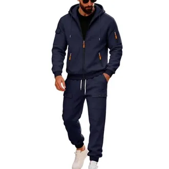 Generico Ensemble de surv&ecirc;tement pour homme avec veste &agrave; capuche et pantalon de sport en coton, v&ecirc;tement de sport, chauffant, respirant, pour la maison, bleu m