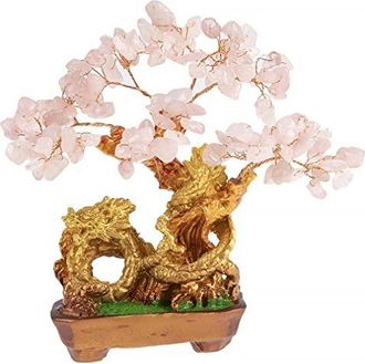 La Chineuse Drachenbaum aus Rosenquarz - Feng Shui Baum 19 cm - Asiatische japanische Drachendekoration - Glücksbaum mit goldenem Drachen - Asiatische Edelsteinde