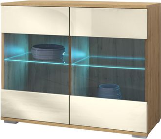 Vladon Kommode Bari V3, Moderner Küchenschrank mit 2 großen Glastüren inkl. RGB Beleuchtung Eiche Evoke/Creme Hochglanz (92,5 x 75.5 x 35)