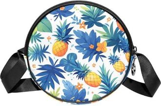 Generic Sac &agrave; bandouli&egrave;re rond pour femme, motif fleurs dananas avec fermeture &eacute;clair, bretelles r&eacute;glables, sac &agrave; main rond d&eacute;contract&eacute; pour femmes et filles