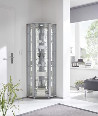Möbelando Eckvitrine Vitrinenschrank Glasvitrine Vitrine Berlin II Silber