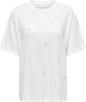 Only ONLLUCY Life S/S Bling Top Box JRS T-Shirt, Bright White/Detail:Rhinestones, S Femme